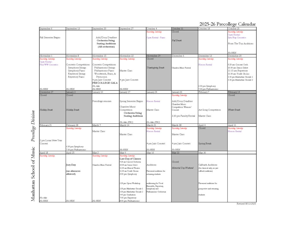 2025-2026 School Calendar rev. 8.13.25 - Manhattan School of Music